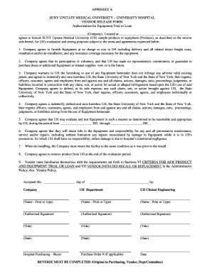Fillable Online upstate Item 4. Appendix A, Vendor Release Form - SUNY ...