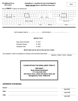 Fillable Online sfasu 2593 PLEASE RETURN THIS ENROLLMENT FORM TO: INES ...