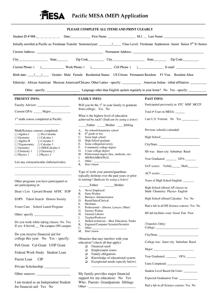Fillable Online Pacific MESA (MEP) Application Form Fax Email Print ...