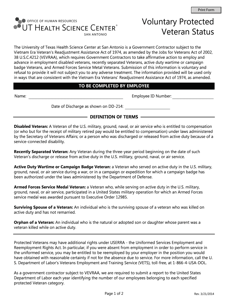 Fillable Online Voluntary Protected Veteran Status Self-Identification ...