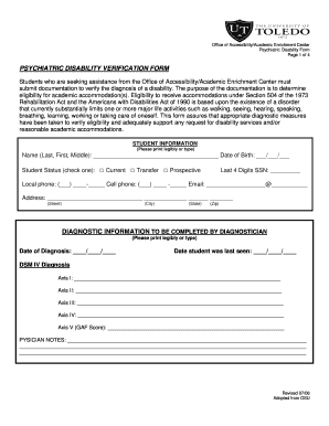 Fillable Online utoledo Psychiatric disability verification form - The ...