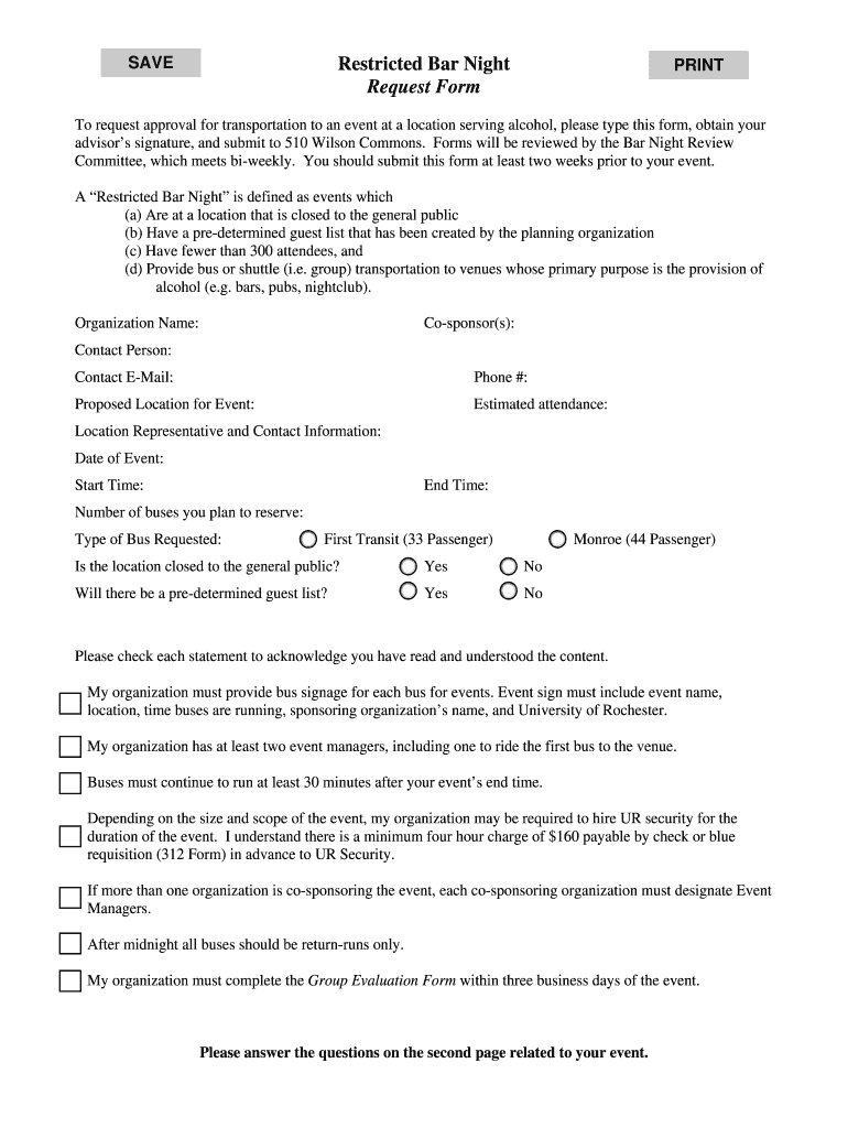 Fillable Online Restricted Bar Night Request Form Fax Email Print - pdfFiller