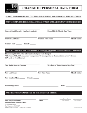 Fillable Online usfca CHANGE OF PERSONAL DATA FORM - University of San Francisco - usfca Fax ...