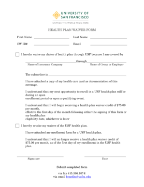 Fillable Online usfca HEALTH PLAN WAIVER FORM - usfca Fax Email Print ...