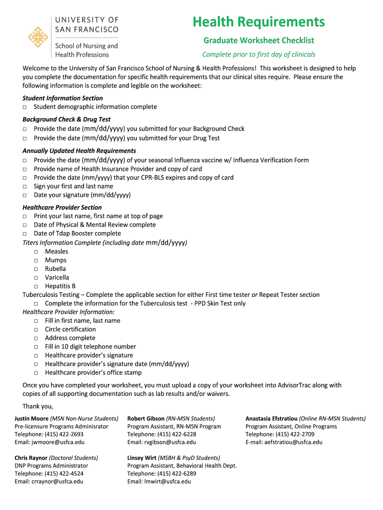 Fillable Online Graduate Worksheet Checklist for Health Requirements Fax Email Print - pdfFiller