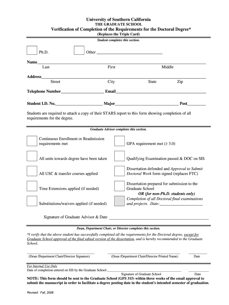 Fillable Online Verification of Doctoral Degree Requirements Completion Fax Email Print - pdfFiller