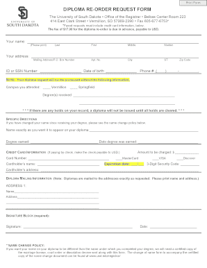 Fillable Online usd DIPLOMA RE-ORDER REQUEST FORM - University of South ...