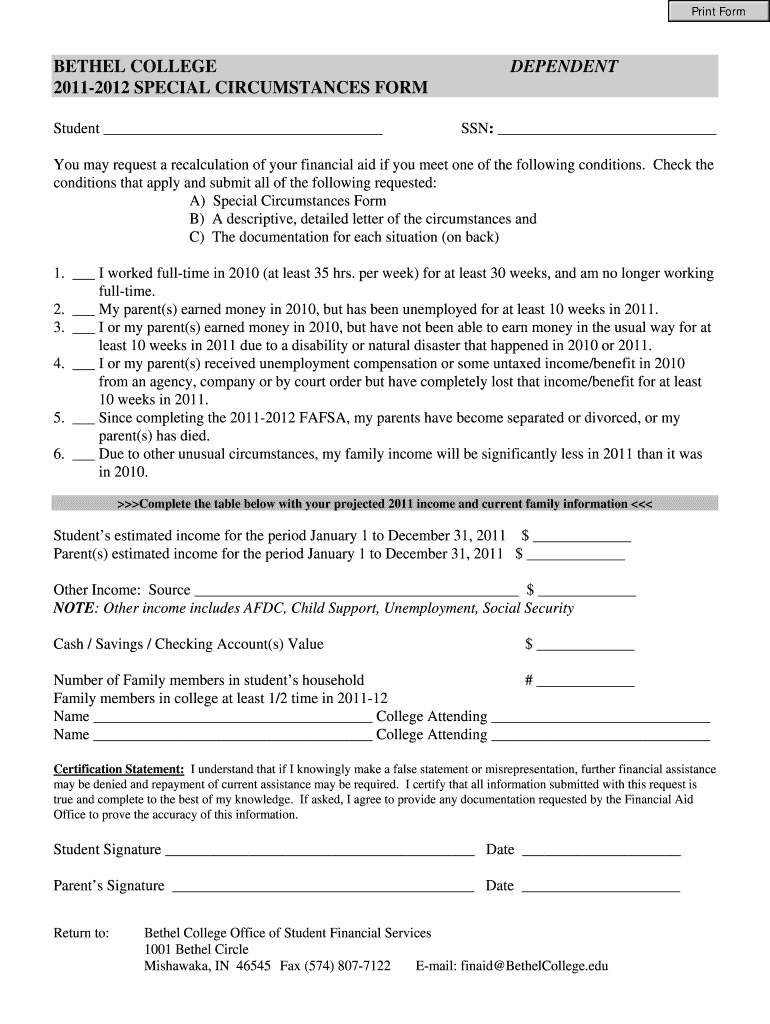 Fillable Online Bethel College Special Circumstances Financial Aid Form ...