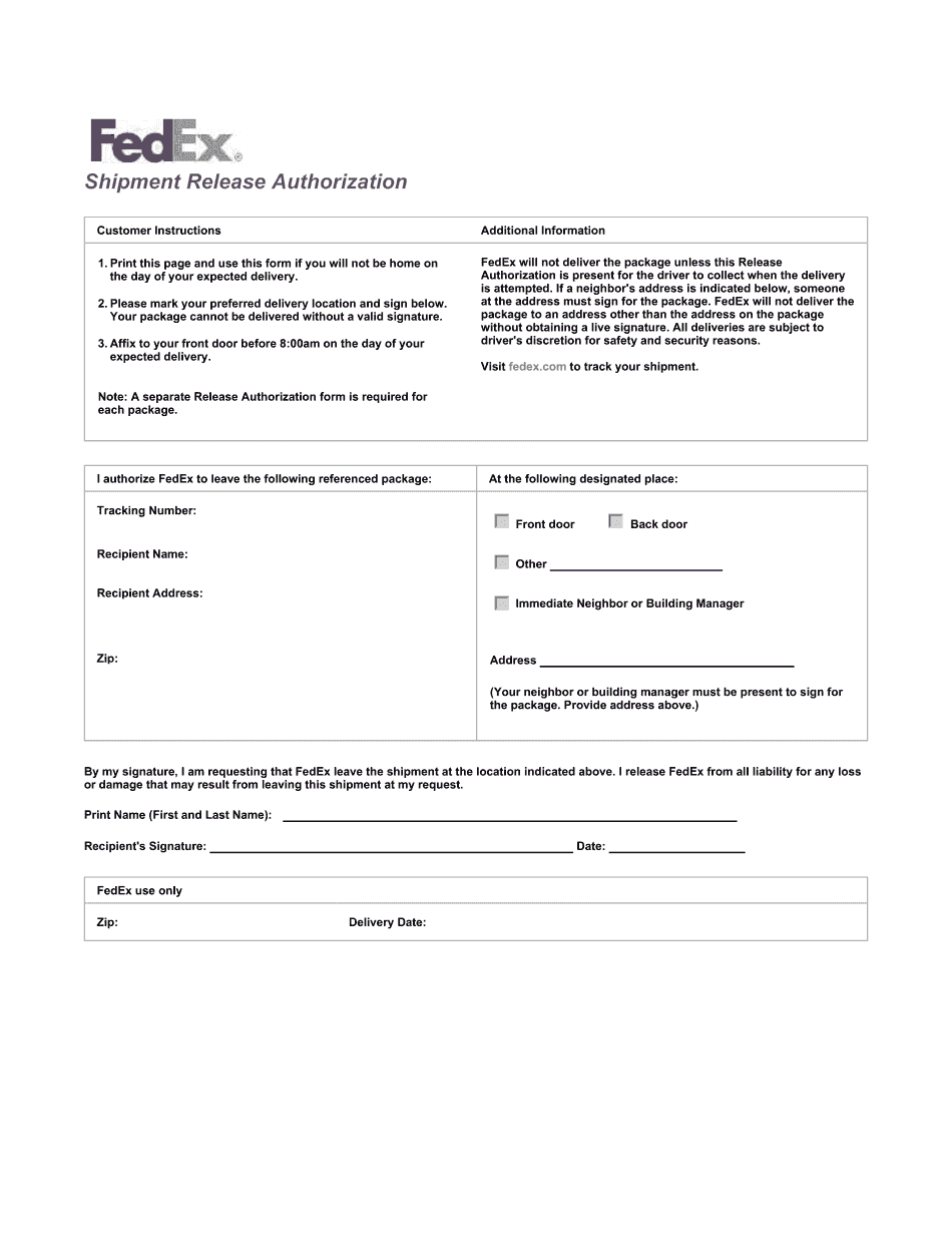 Create Fillable Fedex Shipment Release Authorization Form And Keep 