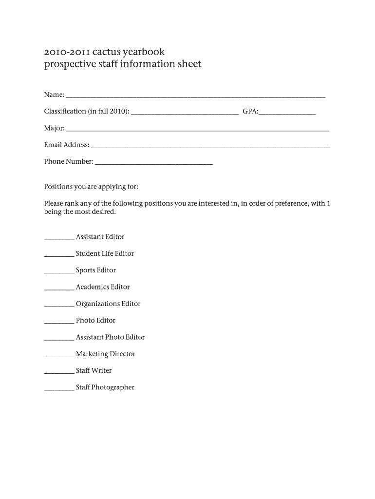 Fillable Online Cactus Yearbook Staff Application Fax Email Print - pdfFiller