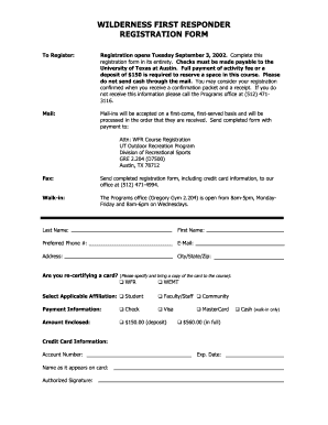 Fillable Online utexas Wilderness first responder registration form ...