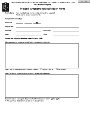 Fillable Online utb Protocol Amendment/Modification Form - The University of Texas at ... - utb ...