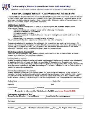 Fillable Online utb USS - Class Withdrawal Request Form - The ...
