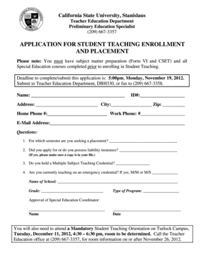 Fillable Online csustan Application for student teaching enrollment and ...