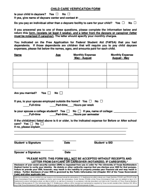 Fillable Online utsouthwestern CHILD CARE VERIFICATION FORM - UT ...