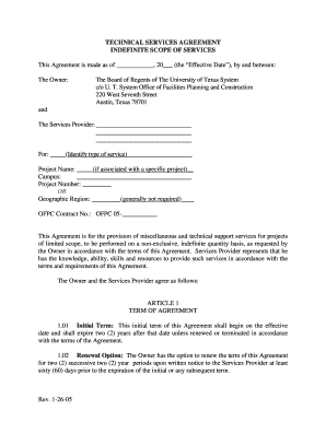 Fillable Online utsystem Rev. 1-26-05 TECHNICAL SERVICES AGREEMENT ...
