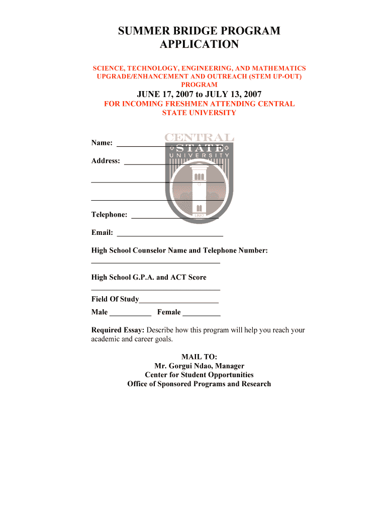 Fillable Online Summer Bridge Program Application for STEM Fax Email Print - pdfFiller
