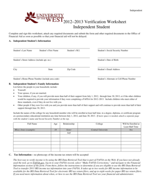Fillable Online uwest 2012-2013 Verification Worksheet - Independent .docx - uwest Fax Email ...
