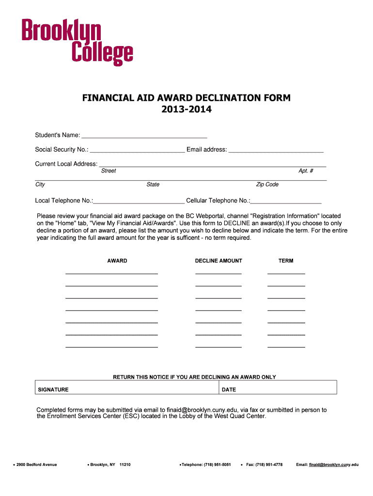 Fillable Online Financial Aid Award Declination Form 2013-2014 Fax ...