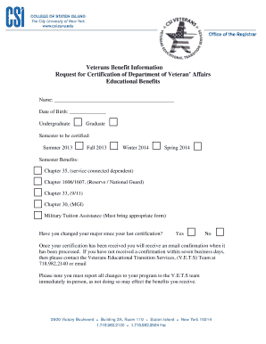 Fillable Online Request for Certification of Department of Veteran’s Affairs Educational ...