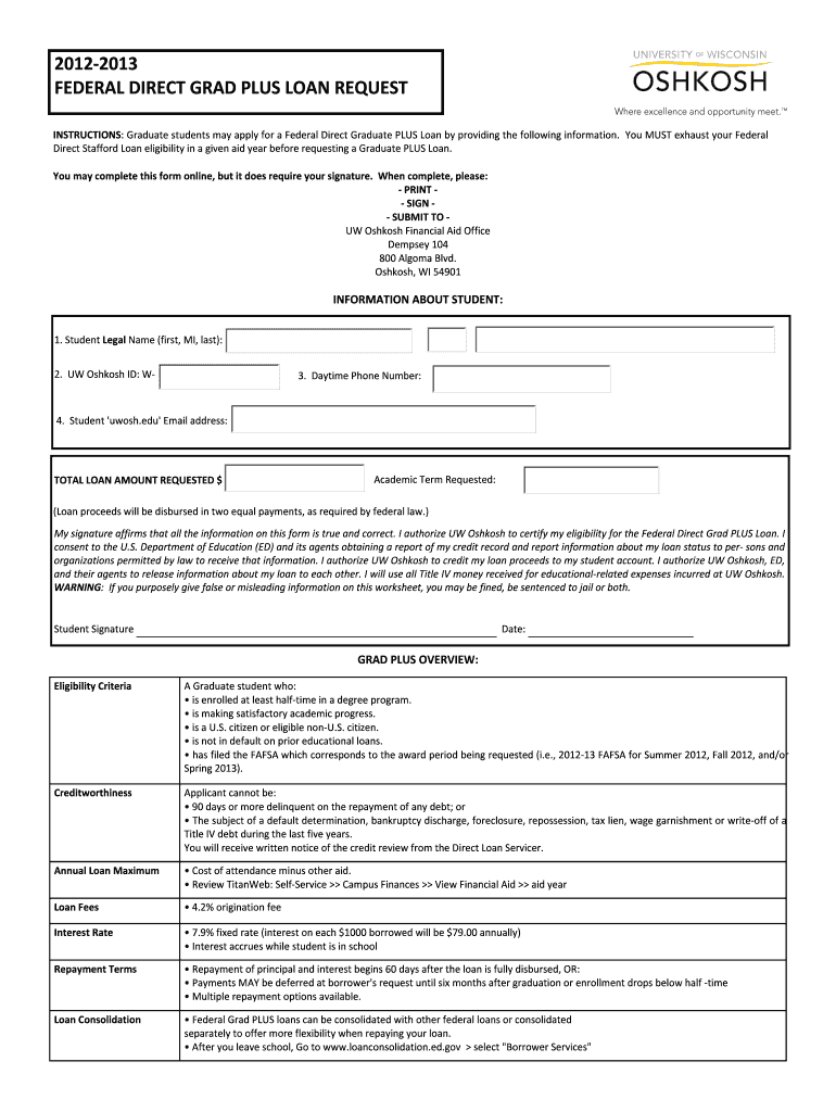 Fillable Online Federal Direct Grad PLUS Loan Request Fax Email Print - pdfFiller