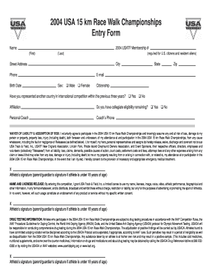 Fillable Online usatfne 2004 USA 15 km Race Walk Championships Entry ...