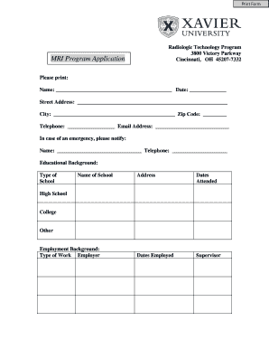 Fillable Online xavier Print Form MRI Program Application Please print ...