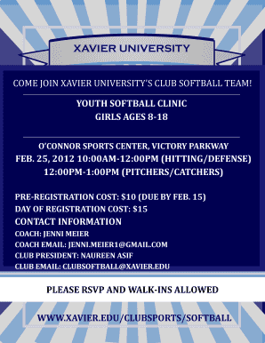 Fillable Online xavier Xavier university softball clinic o'connor ...