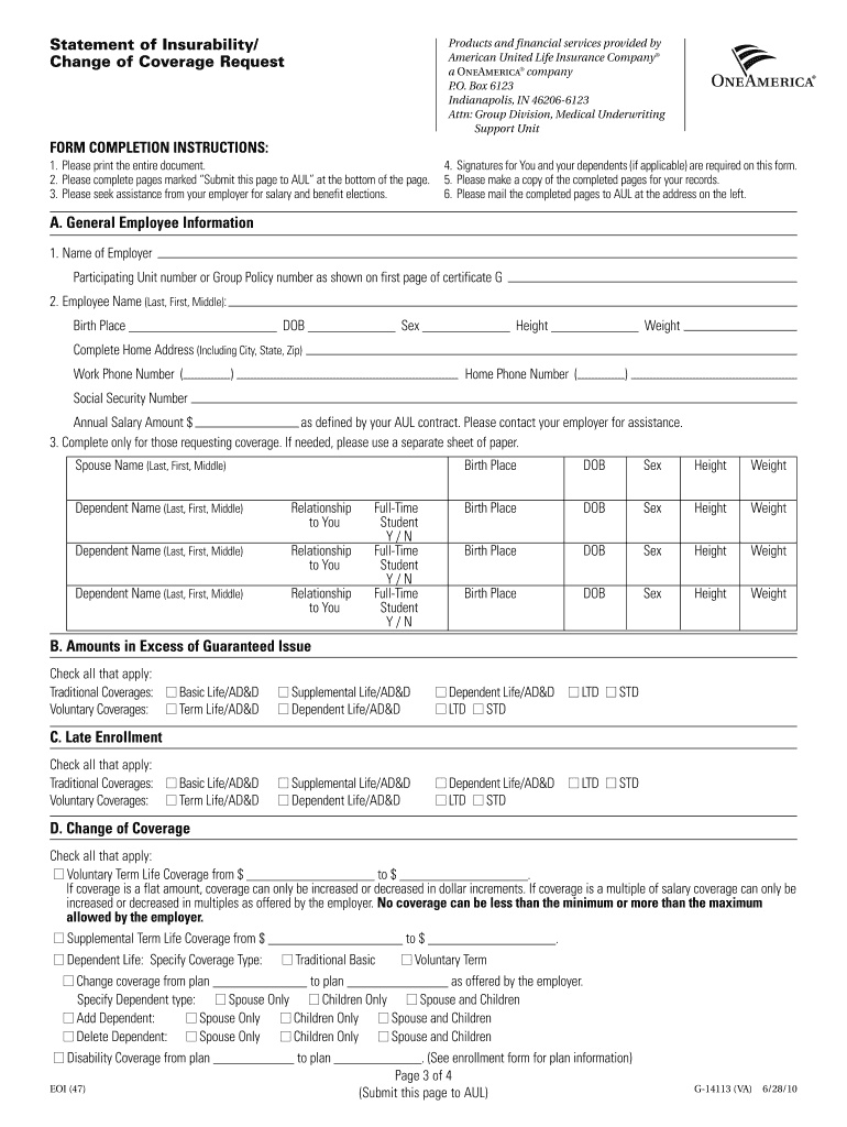 Fillable Online Statement of Insurability/Change of Coverage Request ...