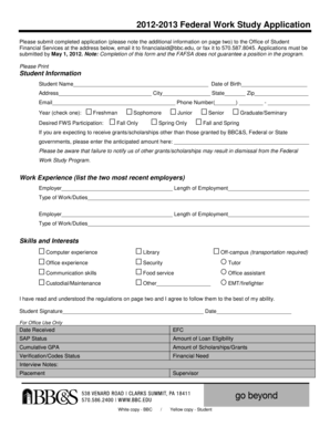 Fillable Online bbc 2012-2013 Federal Work Study Application - bbc Fax Email Print - pdfFiller