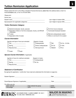 Fillable Online bbc Tuition Remission Application - bbc Fax Email Print - pdfFiller