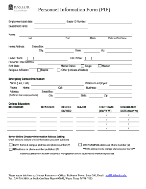 Fillable Online baylor BAYLOR UNIVERSITY PERSONNEL INFORMATION FORM (PIF) Fax Email Print ...