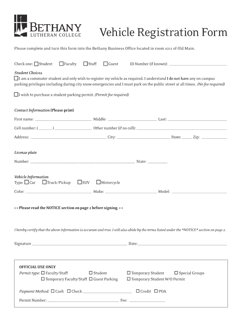 Fillable Online Vehicle Registration Form for Bethany Lutheran College ...