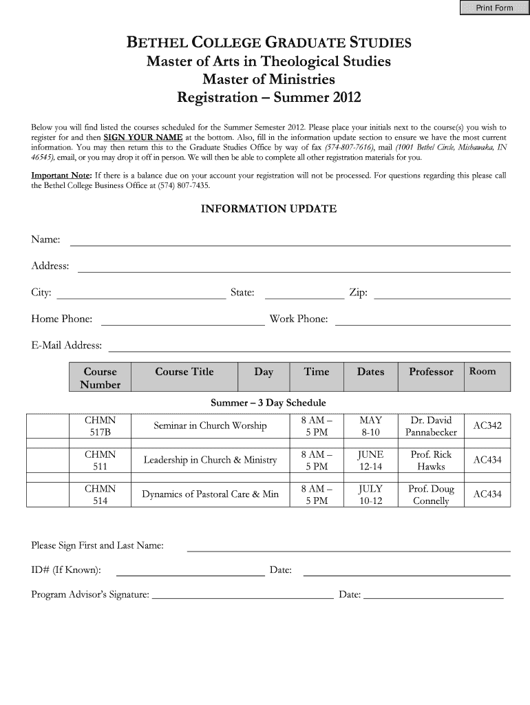Fillable Online Bethel College Graduate Studies Course Registration Fax Email Print - pdfFiller