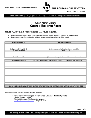 Fillable Online Course Reserve Form - The Boston Conservatory Fax Email Print - pdfFiller