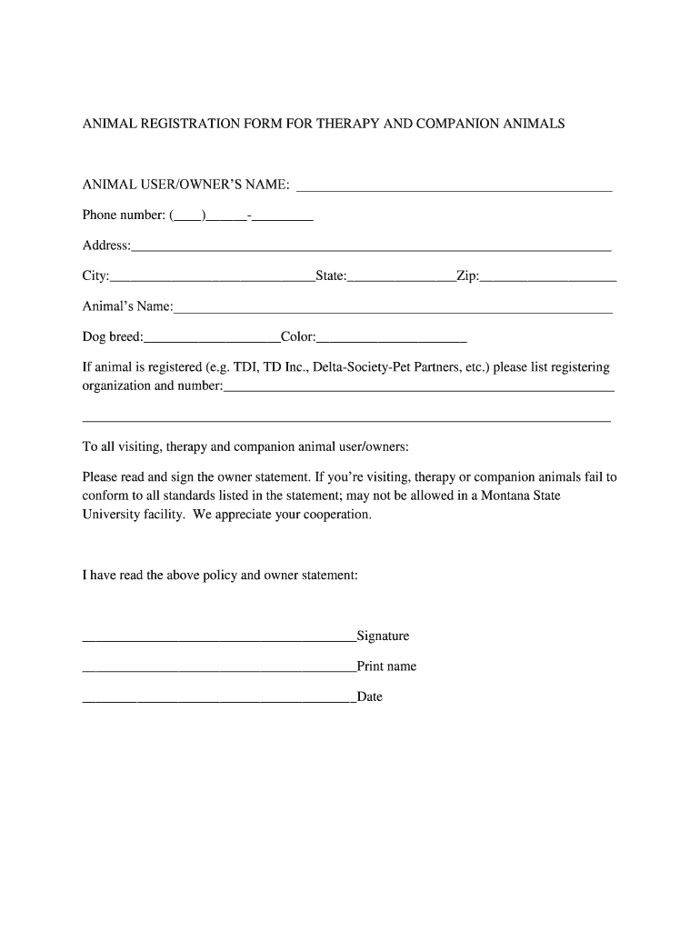 Fillable Online msubillings Animal registration form for therapy and ...