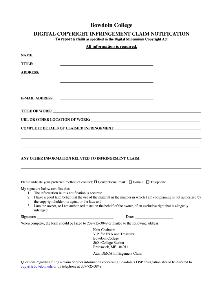Fillable Online Digital Copyright Infringement Claim Notification Form ...