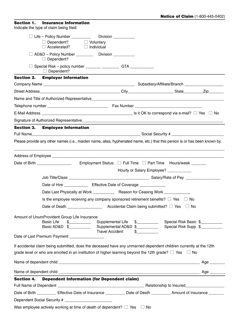 Fillable Online Claim Form for Life/Accidental Death and Dismemberment ...