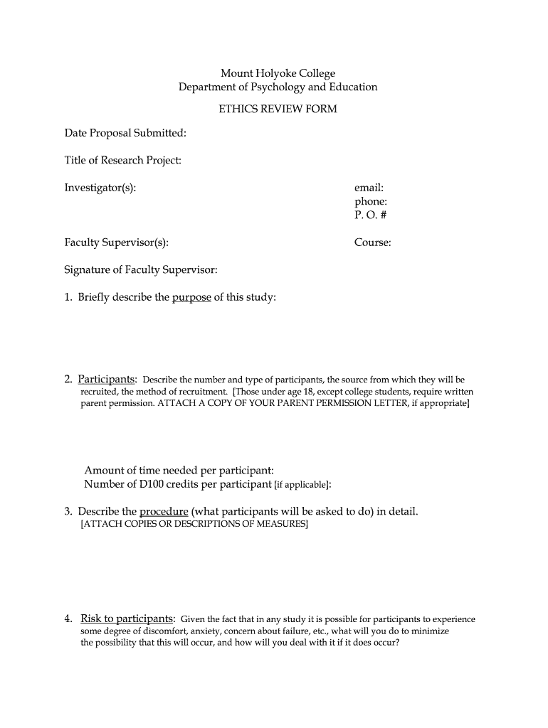 Fillable Online Ethics Review Form for Research Projects Fax Email ...
