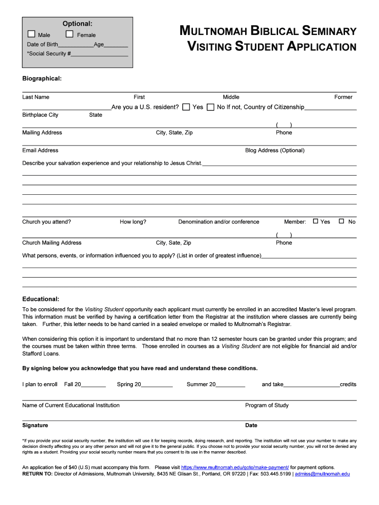Fillable Online Multnomah Biblical Seminary Visiting Student Application Fax Email Print - pdfFiller