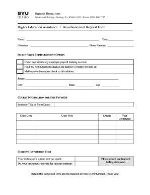 Fillable Online byui Higher Education Assistance Reimbursement Request Form - byui Fax Email ...