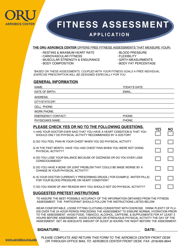 Fillable Online Fitness Assessment Application at Oru Aerobics Center Fax Email Print - pdfFiller