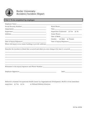 Fillable Online butler Accident/Injury Report Form - Butler University ...