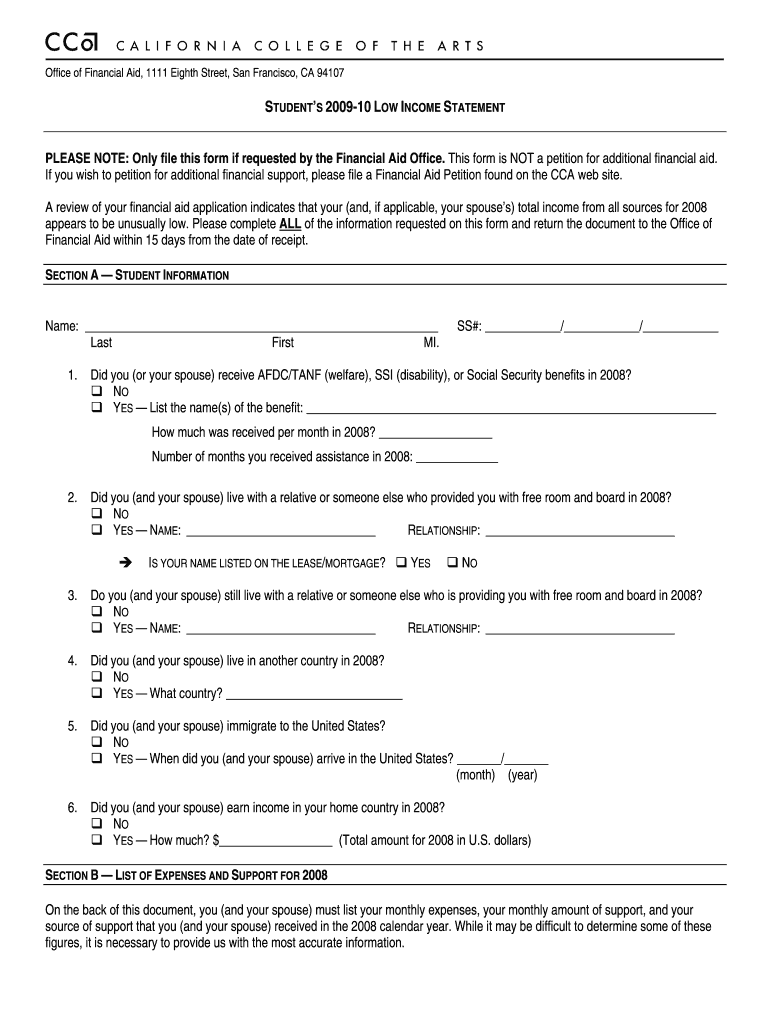 Fillable Online Low Income Statement for Financial Aid Fax Email Print - pdfFiller