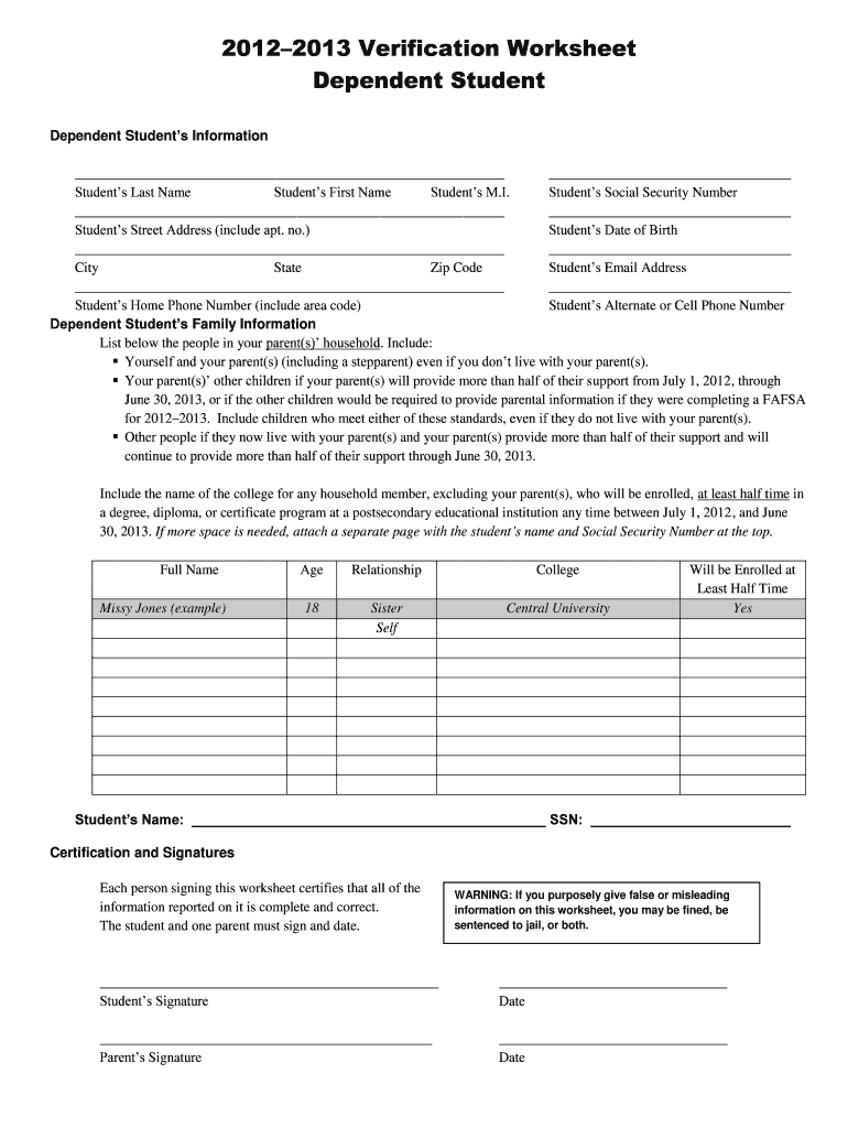 Fillable Online Dependent Student Verification Worksheet Fax Email Print - pdfFiller