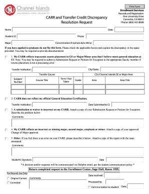 Fillable Online csuci CARR and Transfer Credit Discrepancy Resolution Request Form - csuci Fax ...