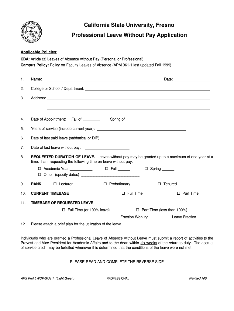 Fillable Online Professional Leave Without Pay Application Fax Email ...