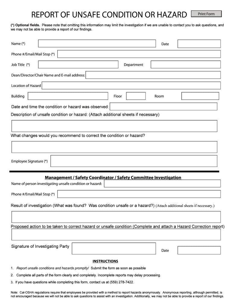 Fillable Online Unsafe Condition or Hazard Report Fax Email Print ...