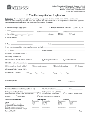 Fillable Online fullerton J-1 Visa Exchange Student Application - California State University ...