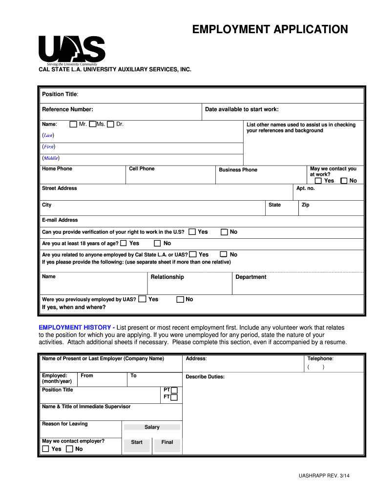 Fillable Online Employment Application for Cal State L.A. University Auxiliary Services, Inc ...